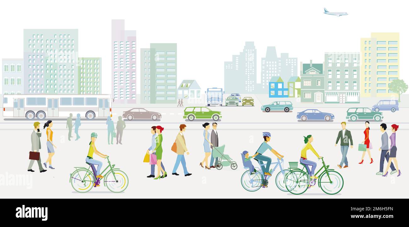 Big city with road traffic and public transport, illustration Stock ...