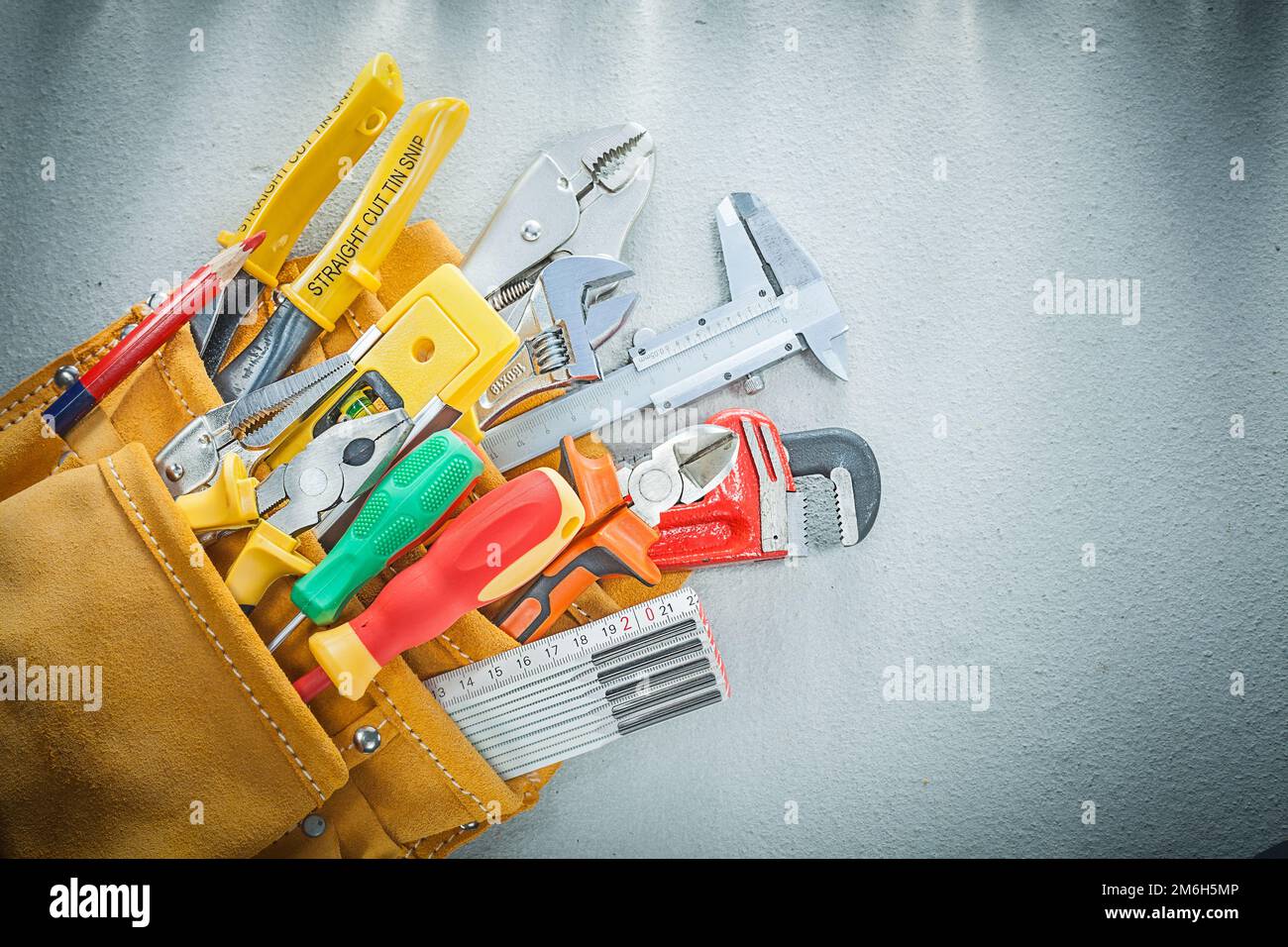 Leather building belt construction tooling directly above Stock Photo ...