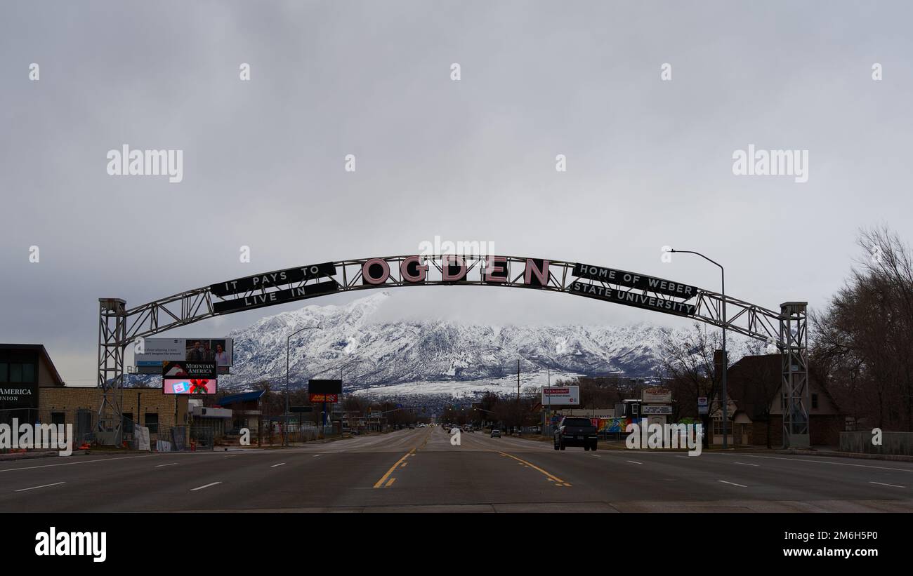 The welcome sign of Ogden City with mountains in the background, Utah ...