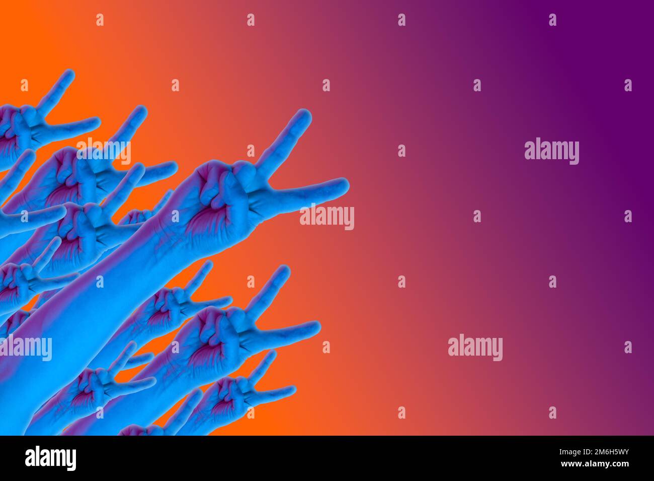 Victory gesture hands in a surreal style in violet blue yellow neon ...