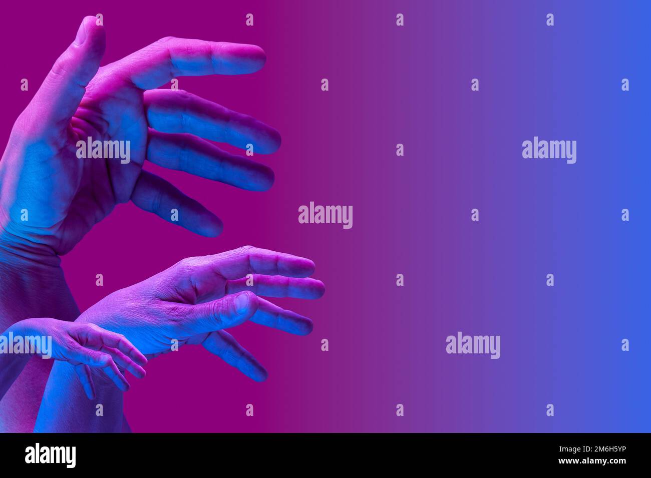 Hands in a surreal style in violet blue neon colors. Modern psychedelic ...