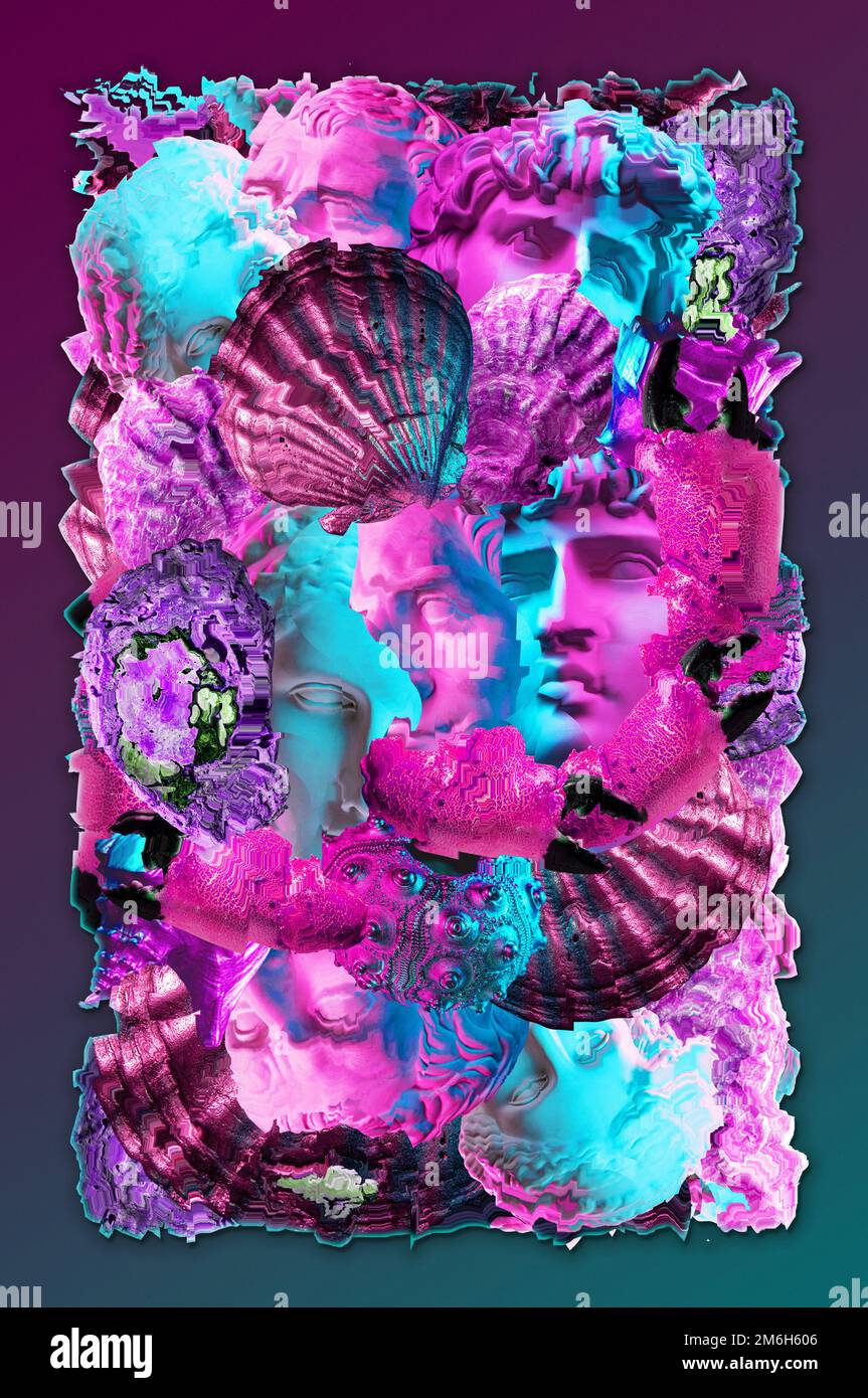 Modern creative background with ancient statue head and sea shells ...
