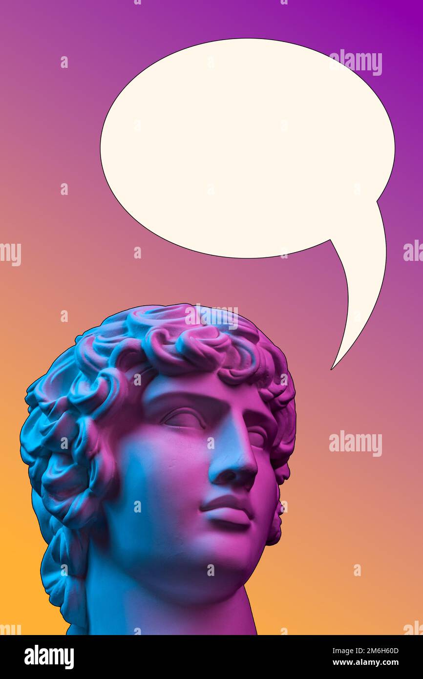 Collage with sculpture of human face in a pop art style. Creative ...