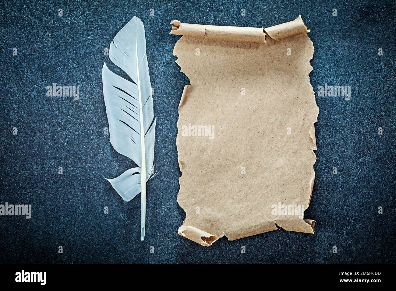 Medieval paper sheet feather on black background Stock Photo - Alamy