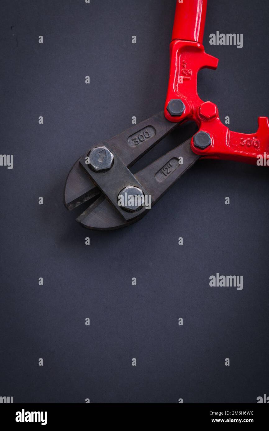 opened vertical version streel cutter very close up aerial view on ...