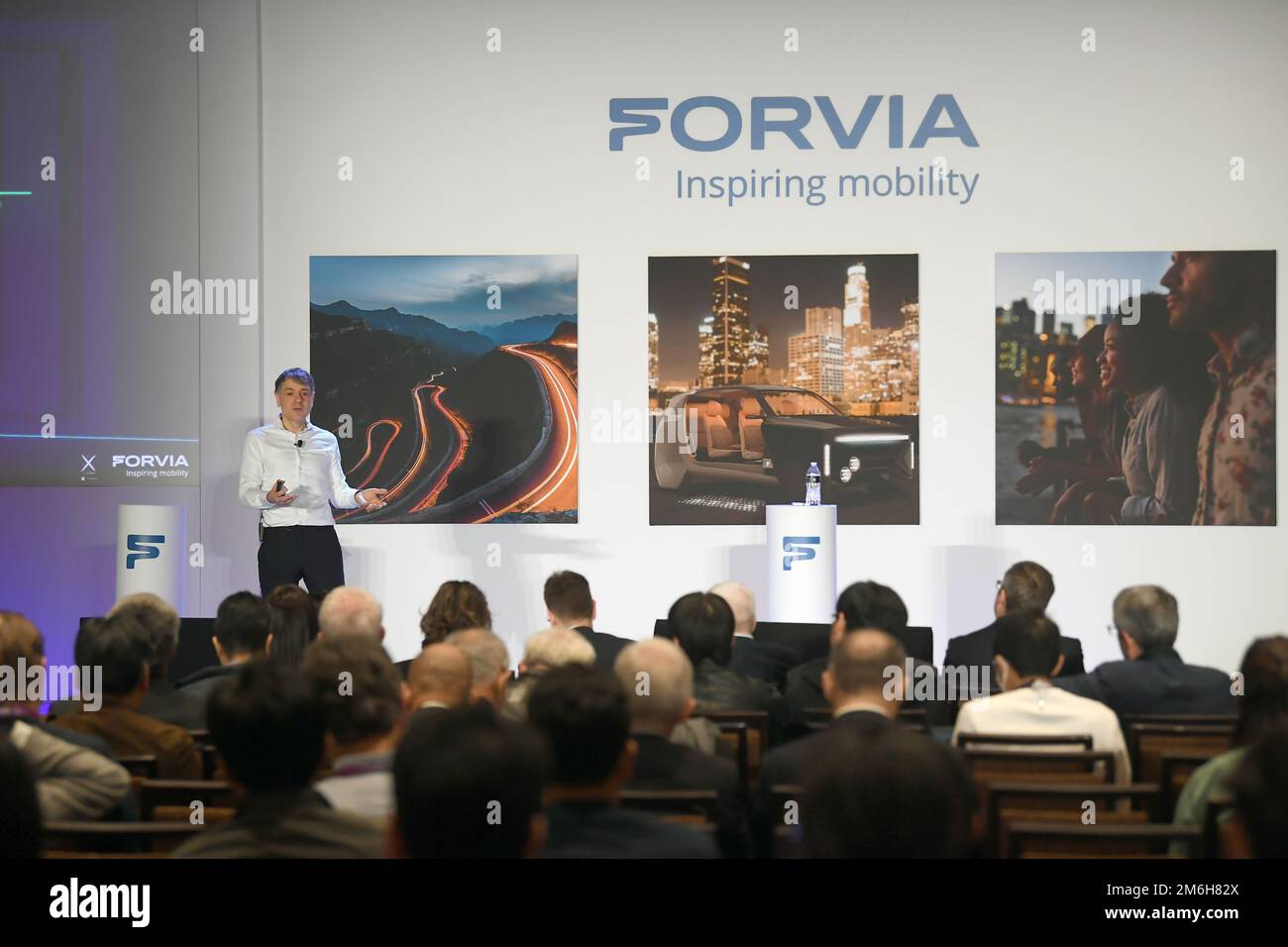 Dr. Thierry Rayna speaks during the Forvia presentation at the CES 2023 ...