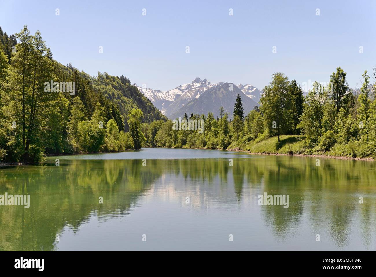 Auwaldsee near Fischen in Allgaeu, landscape reflected on the water ...