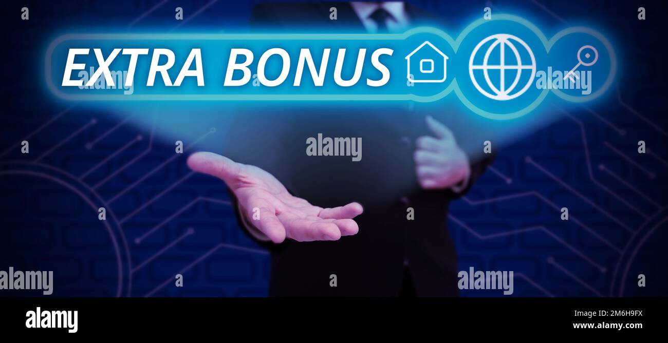 Hand writing sign Extra Bonus. Conceptual photo an extra amount of ...