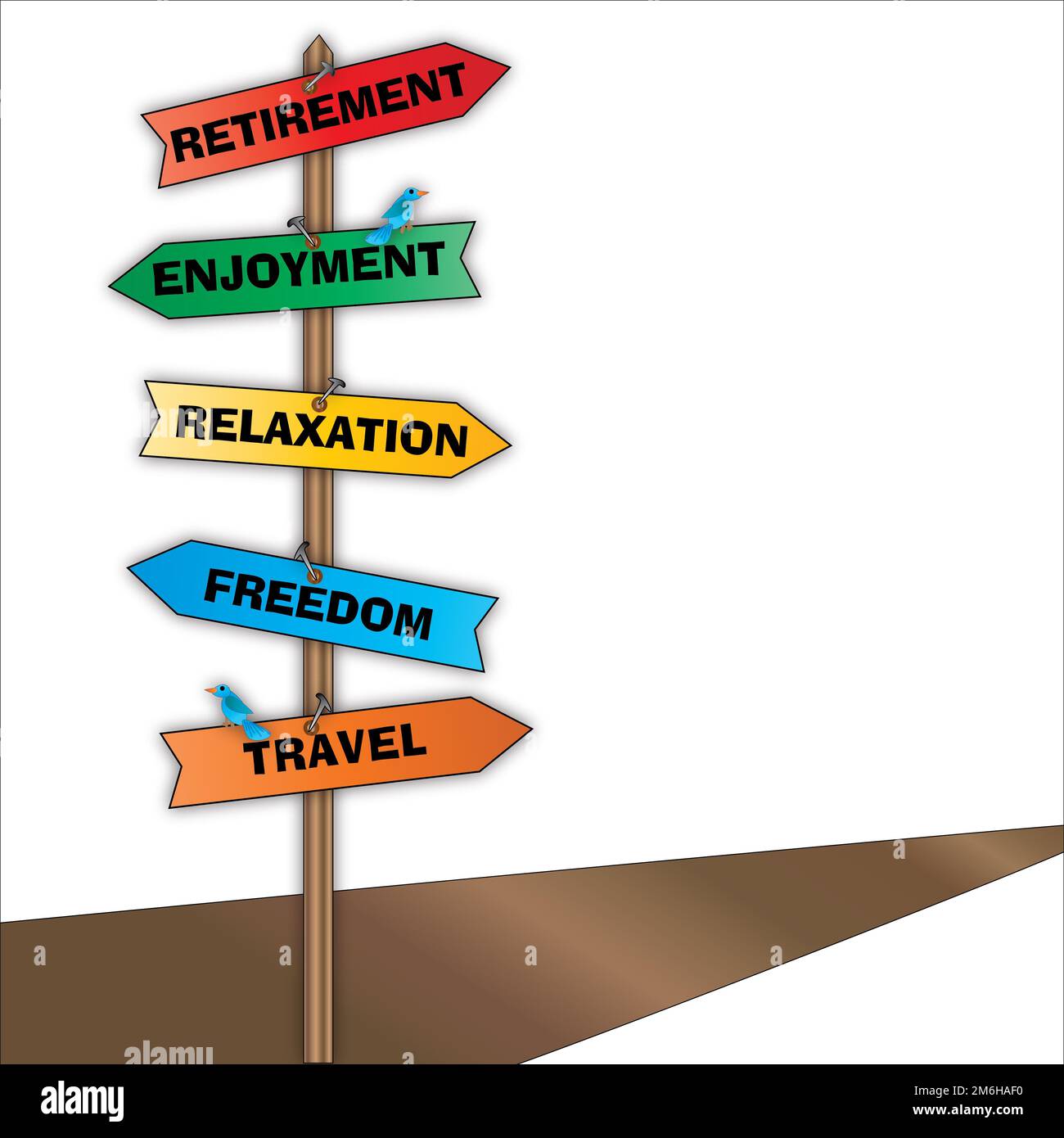 Illustration of a Retirement Road Sign with 5 arrow signs describing ...
