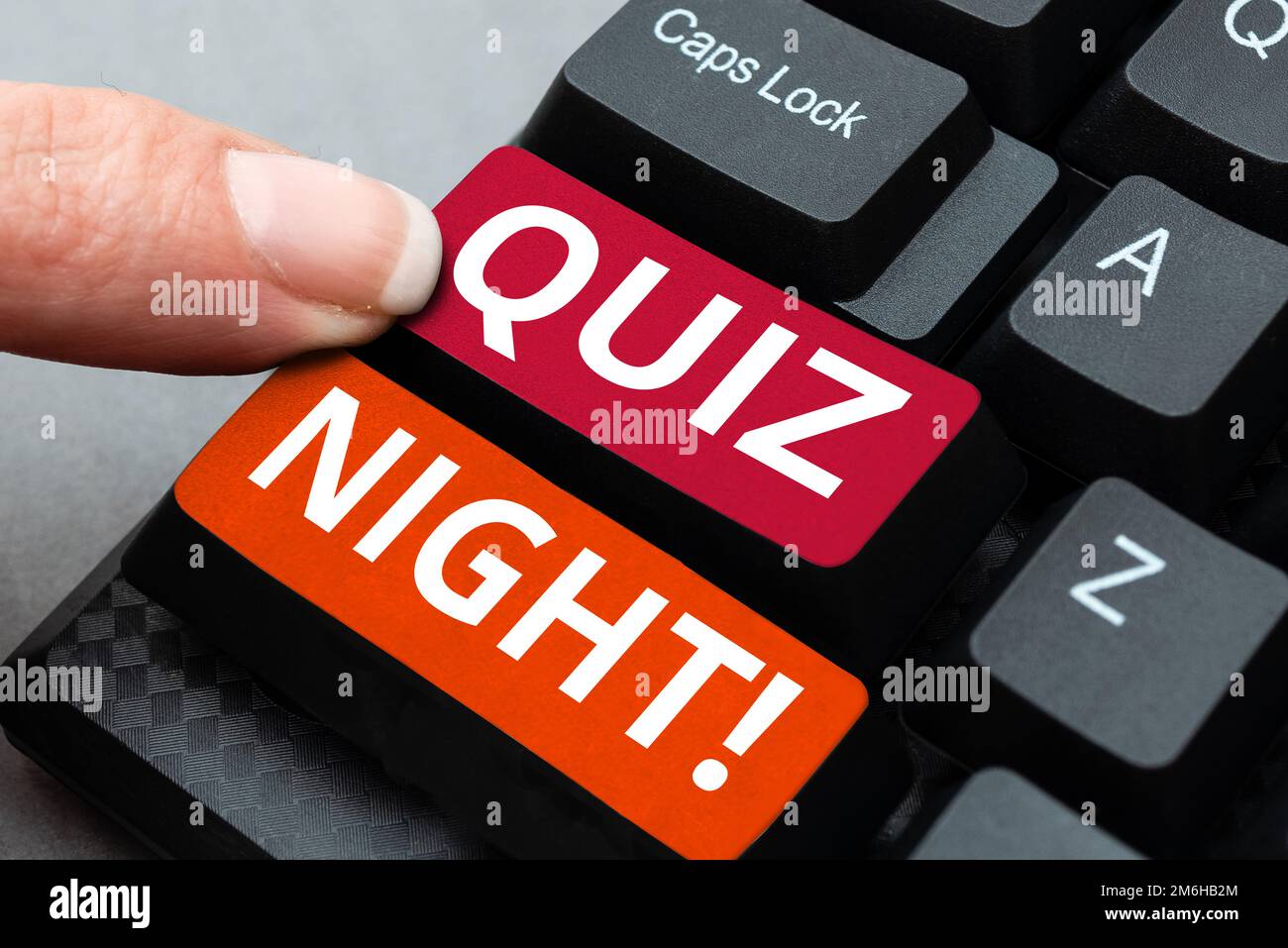 Hand writing sign Quiz Night. Business showcase evening test knowledge ...