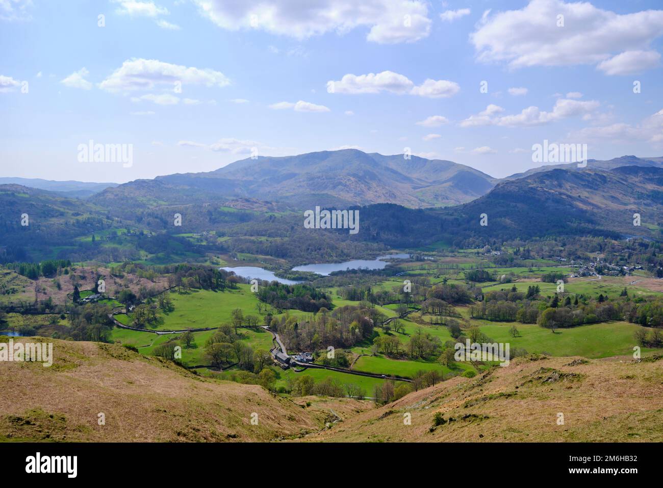 A view of Loughrigg Tarn lake from above seen from the top of Loughrigg ...
