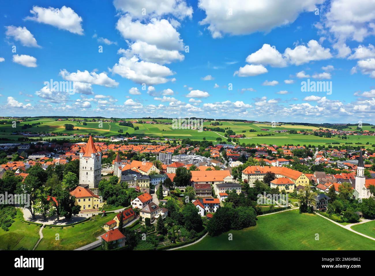 Aerial view of Haag in Upper Bavaria with the castle tower from the ...