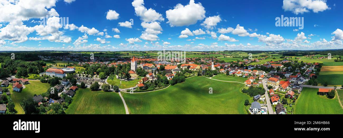 Aerial view of Haag in Upper Bavaria with the castle tower from the ...