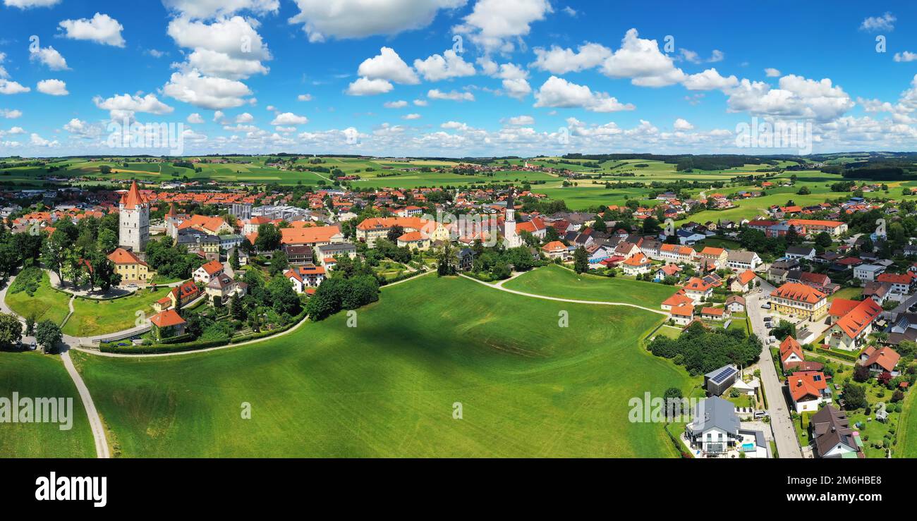 Aerial view of Haag in Upper Bavaria with the castle tower from the ...