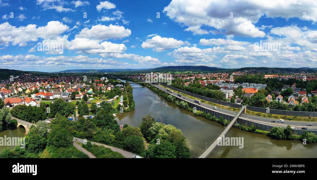 Aerial view of Forchheim with a view of the river Regnitz in fine ...