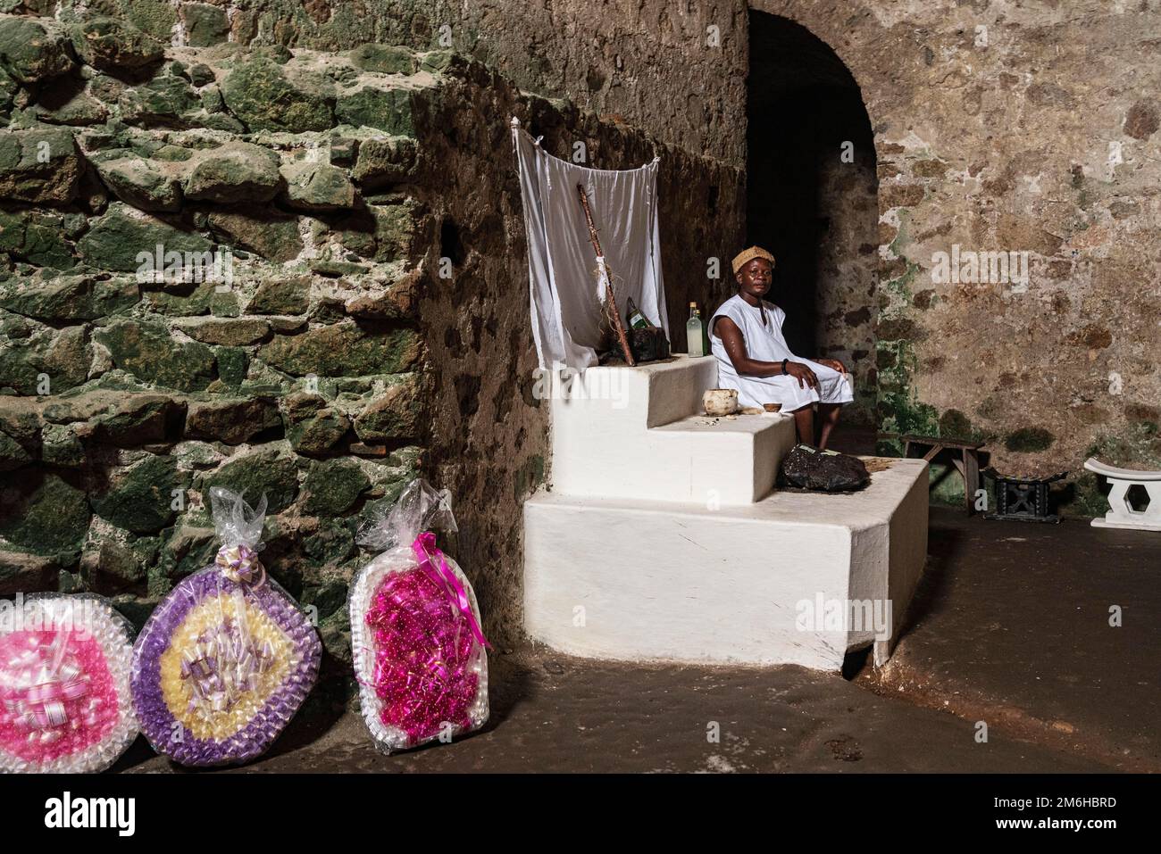 Interior, dungeon, shrine, priest, Cape Coast Castle, historic fort ...