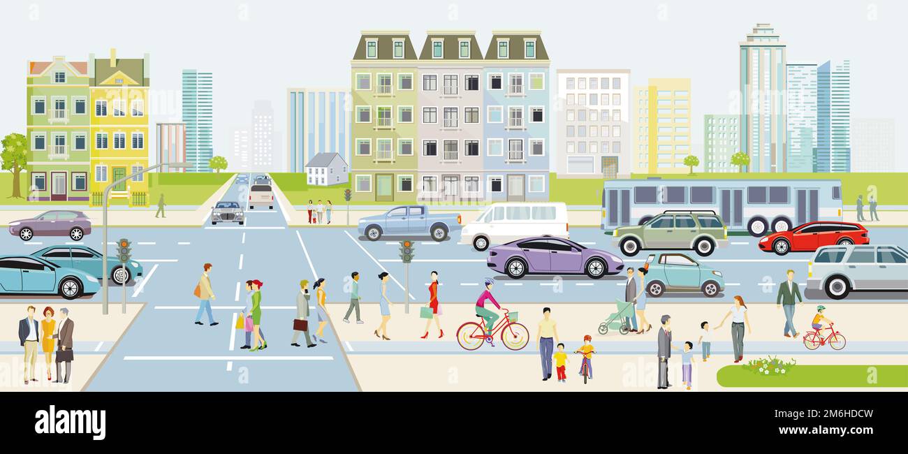 City silhouette with crossroads in a city and people on the sidewalk ...