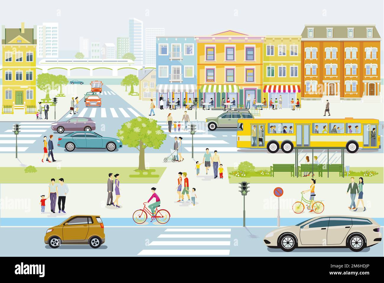 Road traffic with pedestrians and cars on city streets , Illustration ...