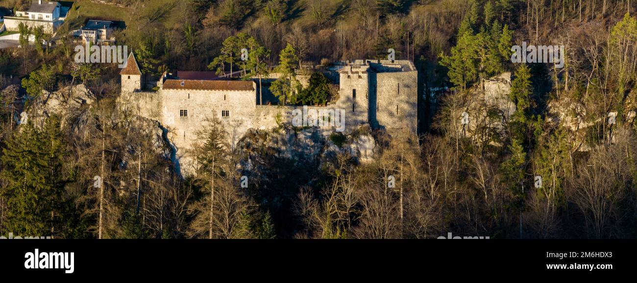 Castle ruin, drone image, Ruine du Chateau de Soyhieres, Courroux, Jura ...