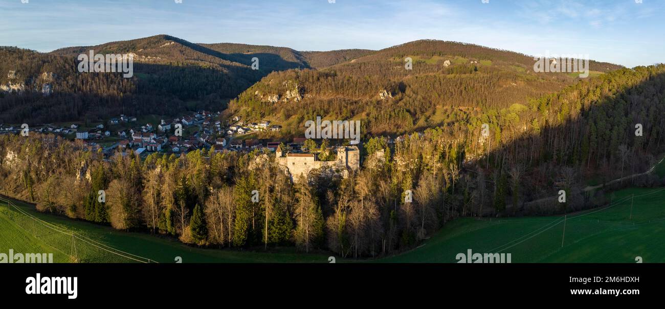 Castle ruin, drone image, Ruine du Chateau de Soyhieres, Courroux, Jura ...