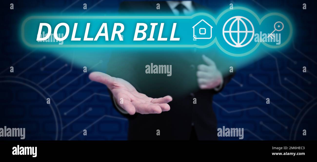 Sign displaying Dollar Bill. Word Written on a piece of paper money ...