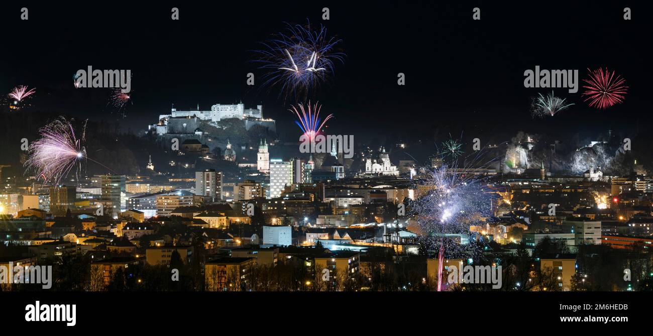 New Year's Eve fireworks with Hohen Salzburg Fortress, Maria Plain ...