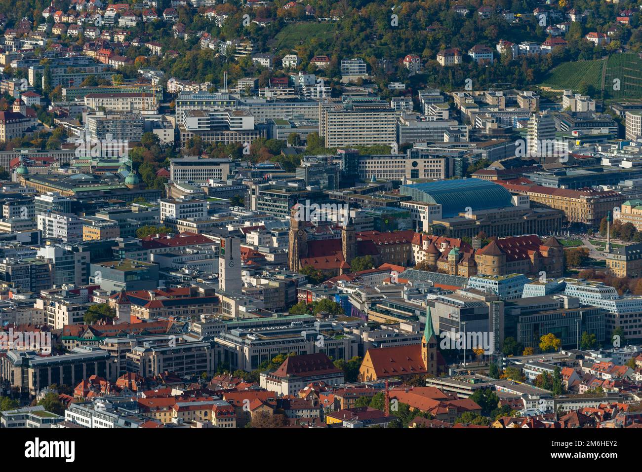 Stuttgart, view from TV tower, city centre, from above, town hall tower ...