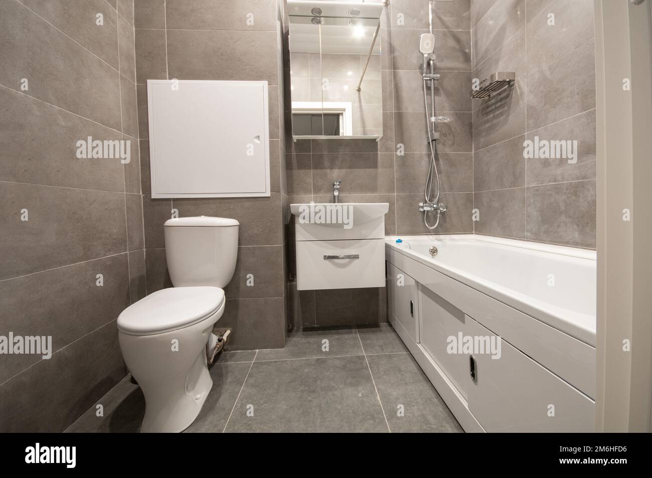 Interior of modern minimalist bathroom with bathtub, toilet, wash basin ...