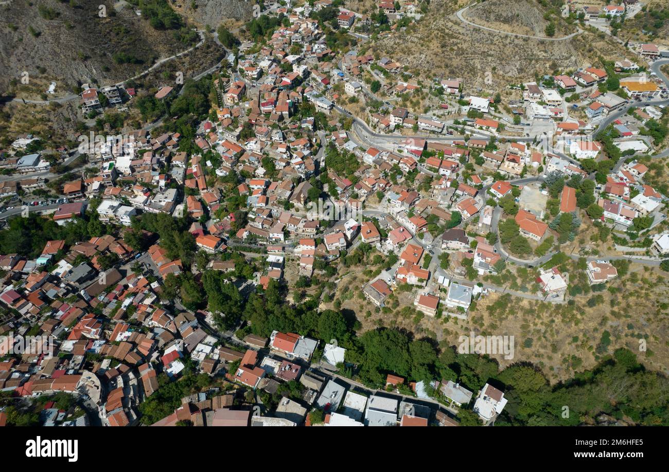 Aerial drone photograph of the mountain village of Palaichori. Nicosia ...