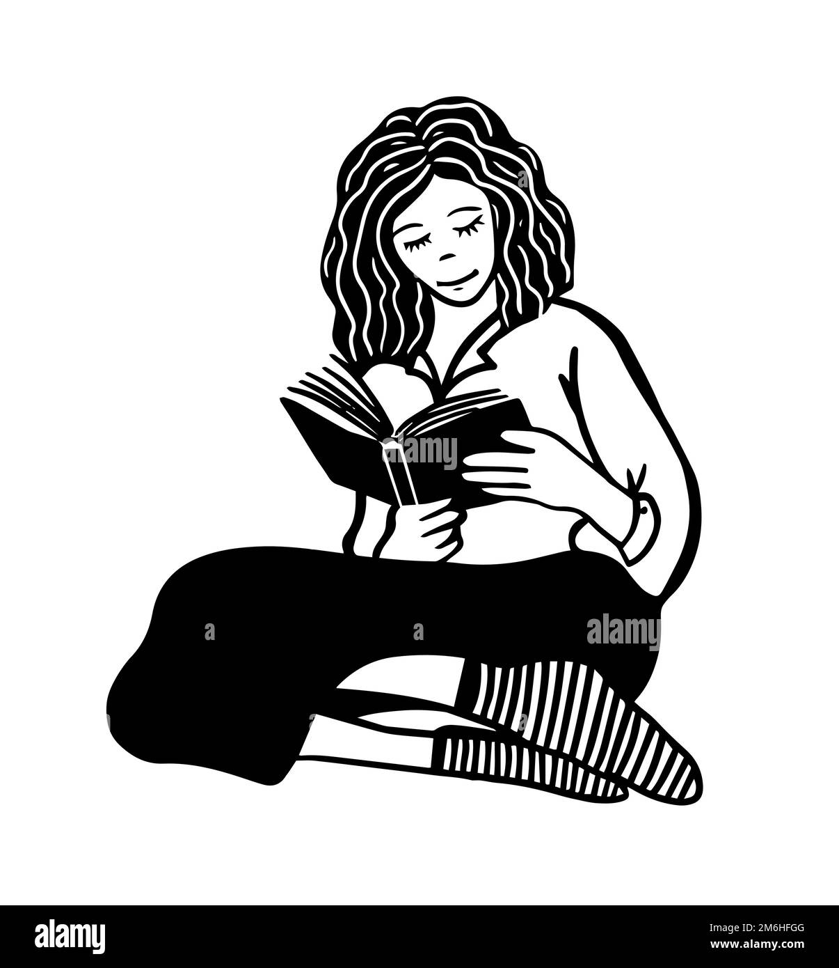 Pretty Girl With Book Cute Cartoon Character The Girl Is Reading A Book Vector Illustration