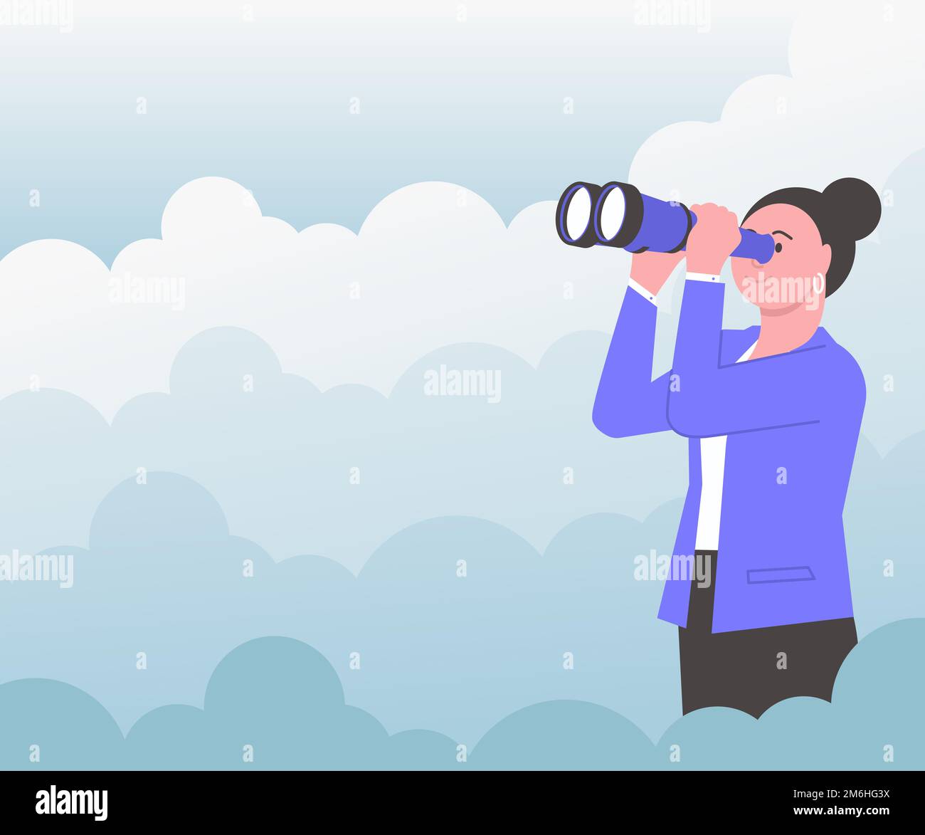 Woman Surrounded With Clouds Looking Through Hand Held Telescope Seeing ...