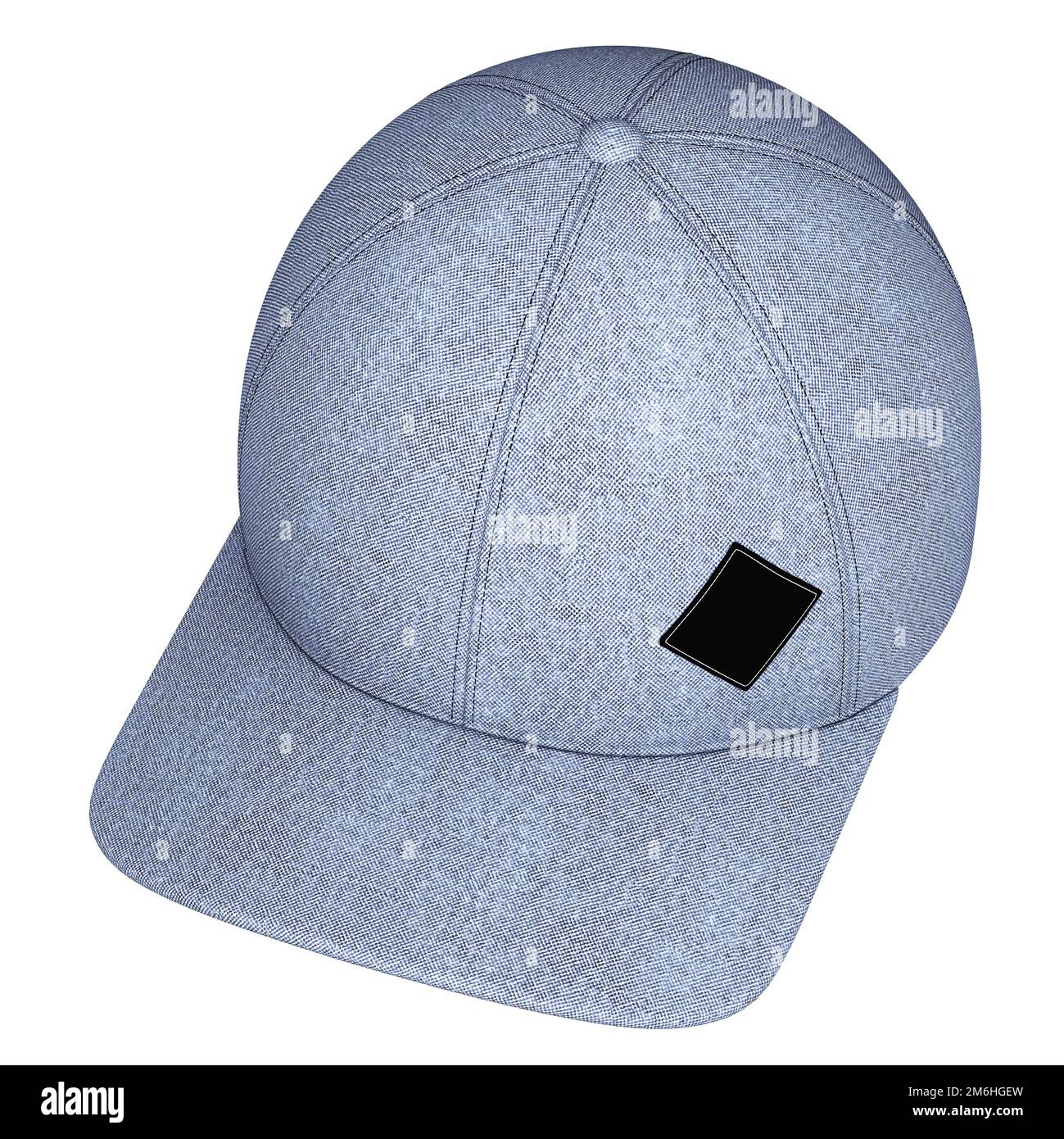 A gray, new, baseball cap with a black label for the mockup. White ...
