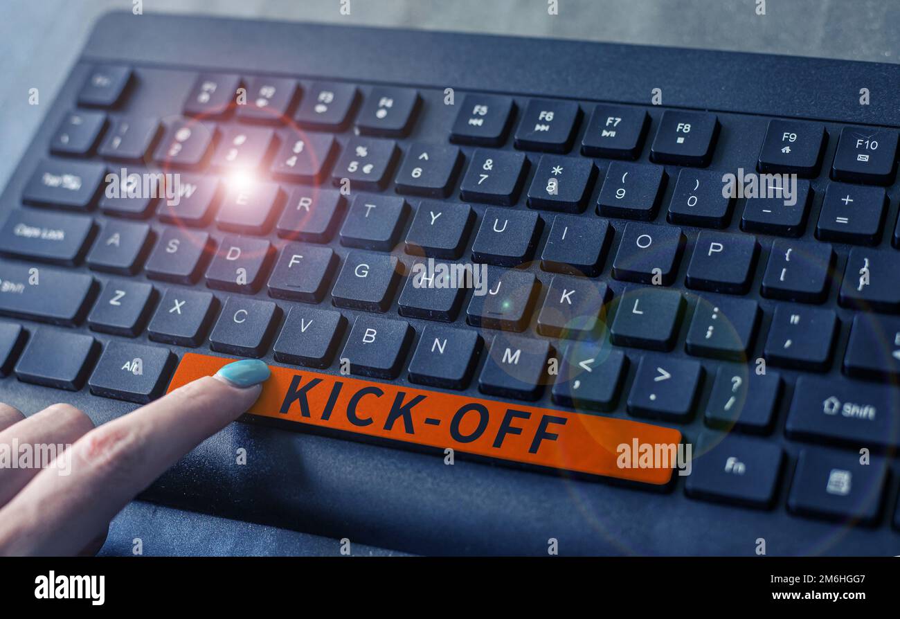Sign displaying Kick Off. Business idea start or resumption of football ...