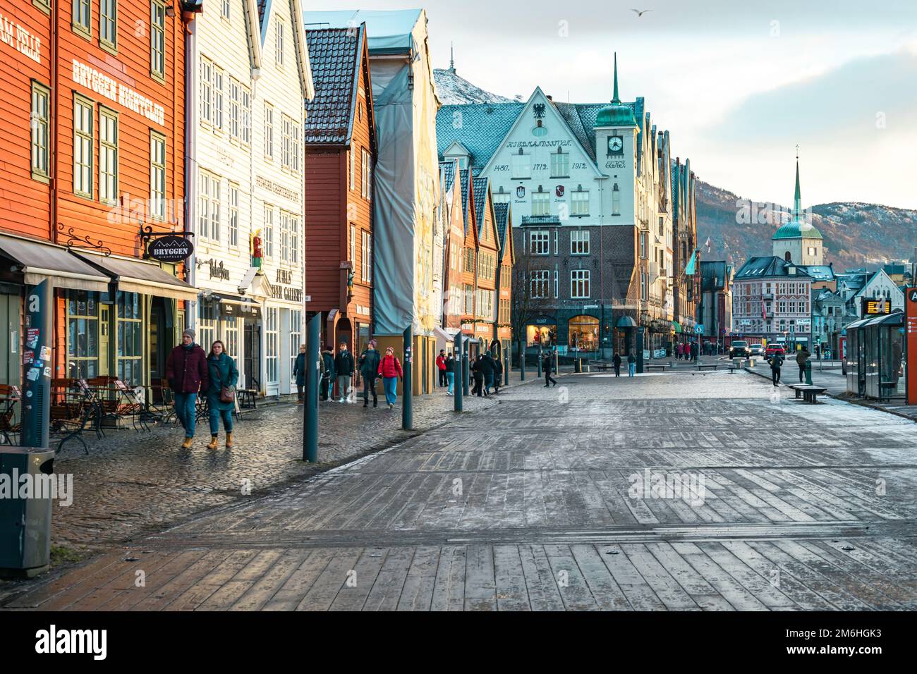 Famous Bryggen street with historical wooden colored houses. Hanseatic ...