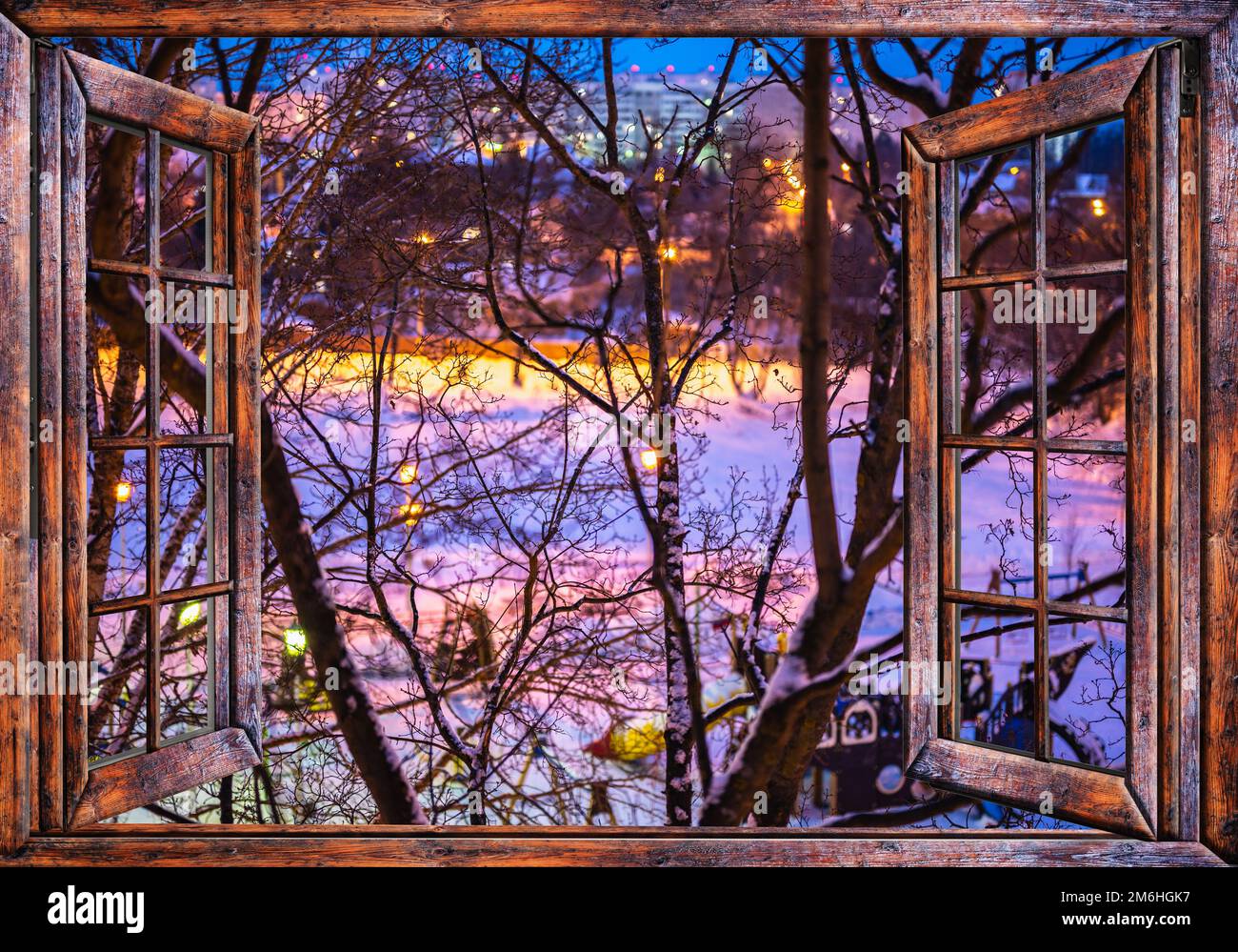 Evening city outside the window Stock Photo - Alamy