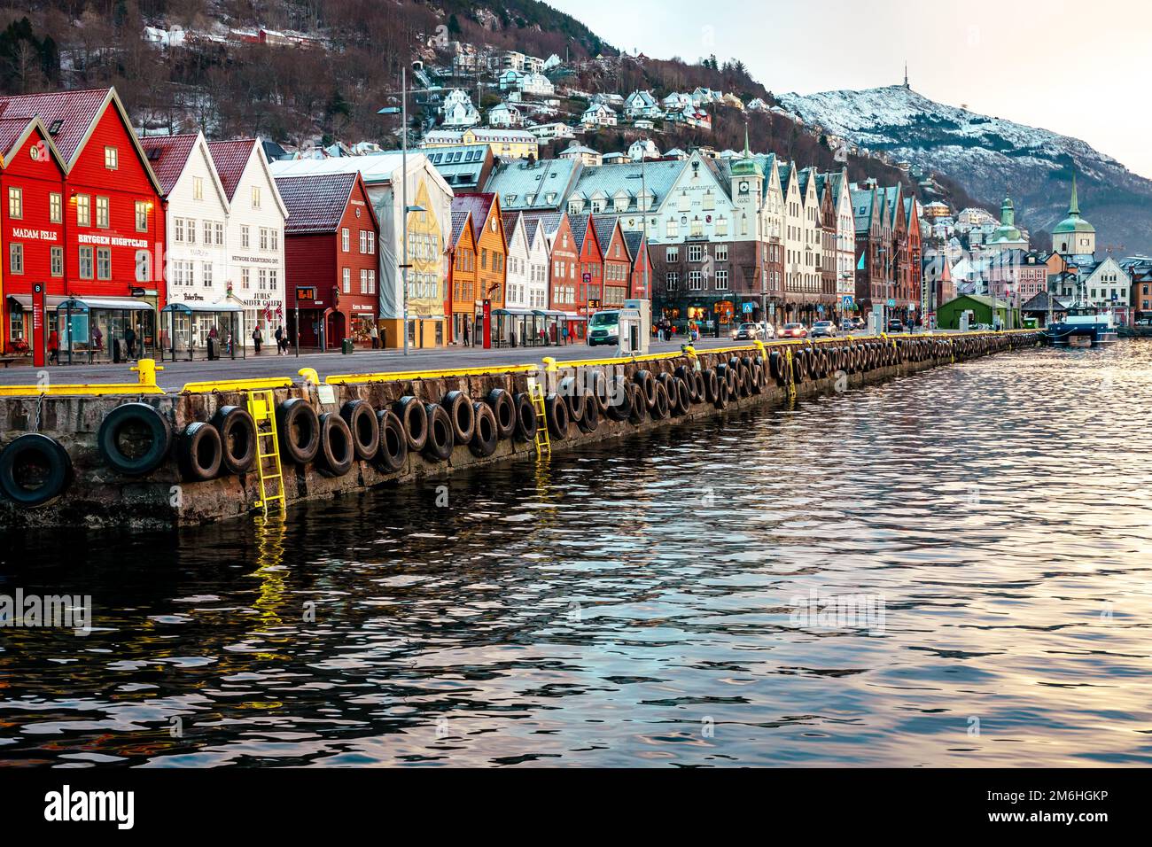 Famous Bryggen street with historical wooden colored houses. Hanseatic ...