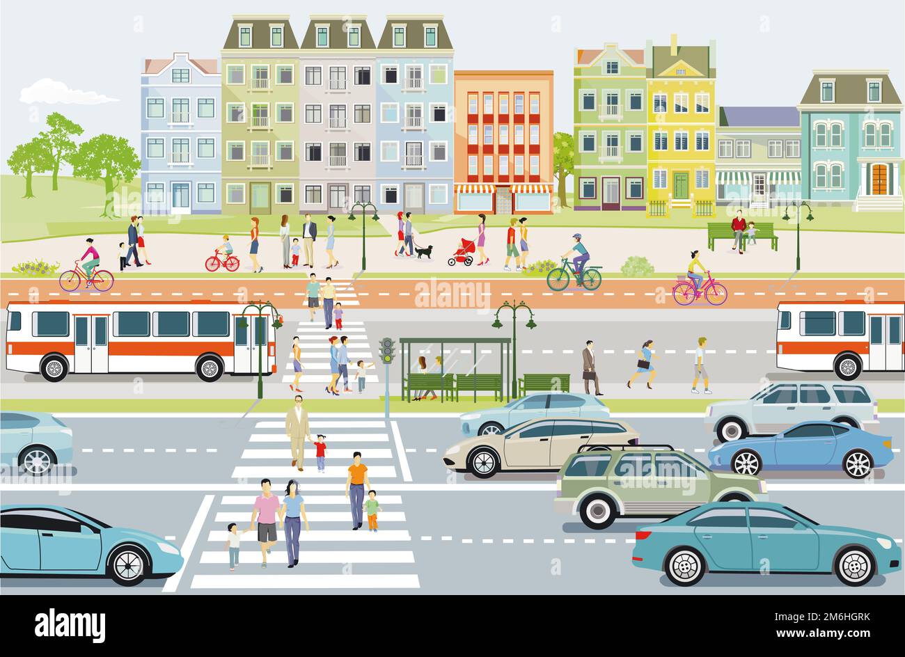 Road traffic with line bus, and public transport, illustration Stock ...