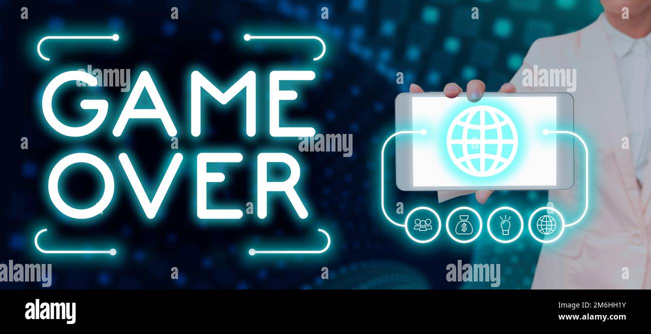 Text caption presenting Game Over. Concept meaning A situation in a ...