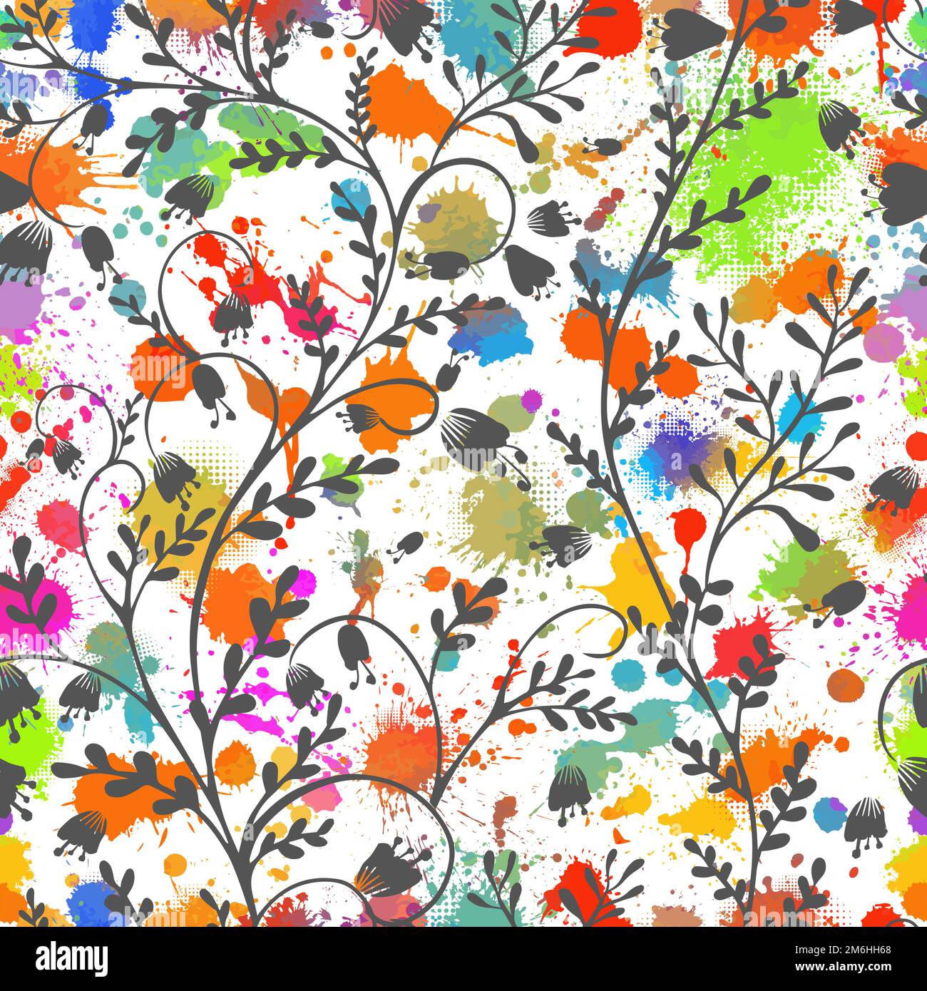 Seamless pattern of tree leaves , flowers and blots. Vector ...