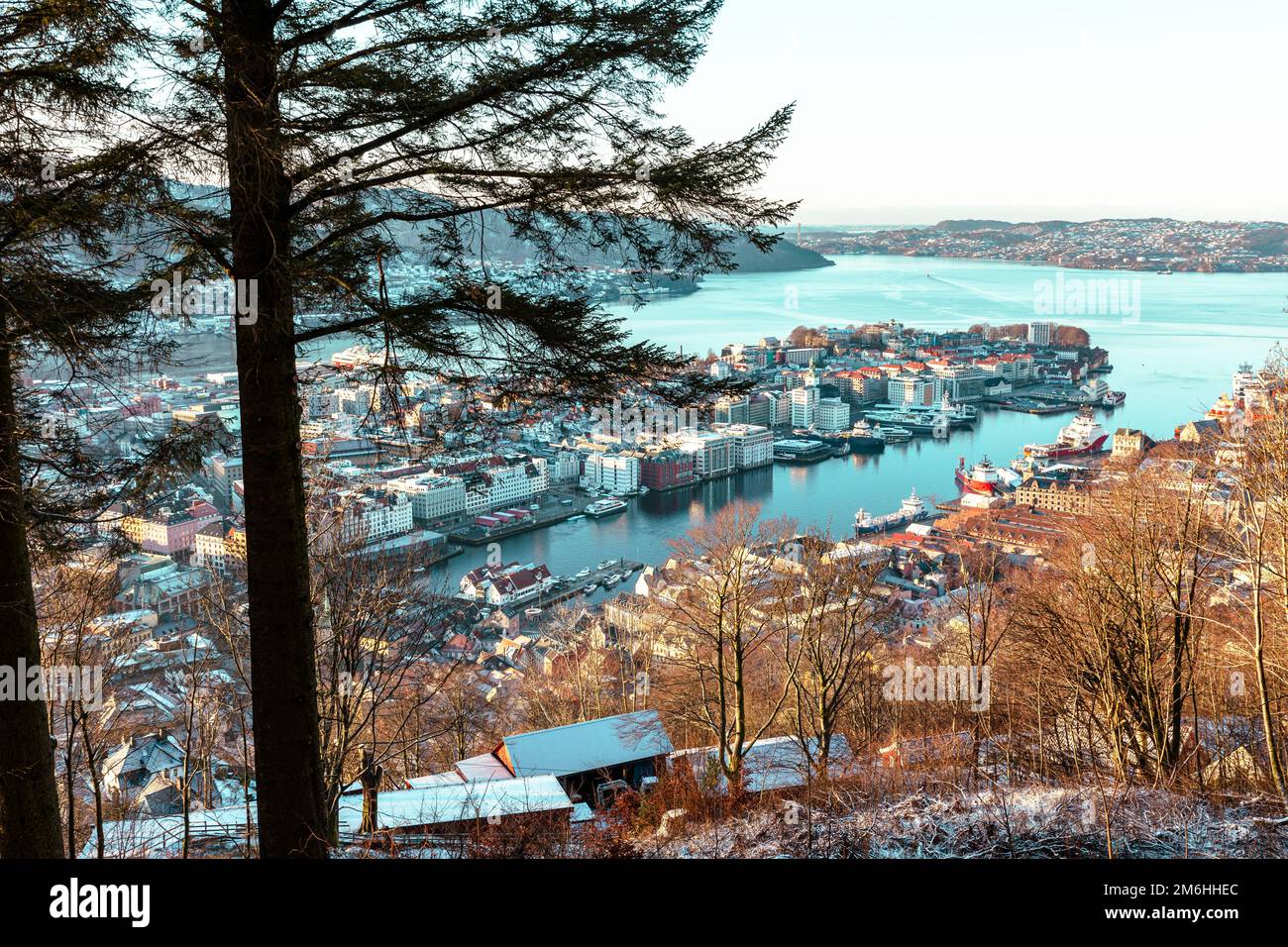Beautiful view of city center Bergen with harbor from Floyen in Norway ...