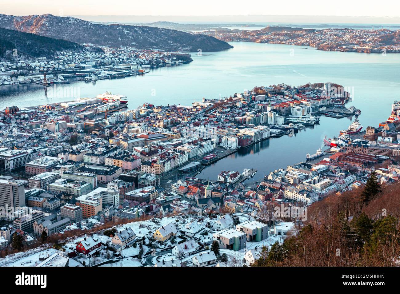 Beautiful view of city center Bergen with harbor from Floyen in Norway ...