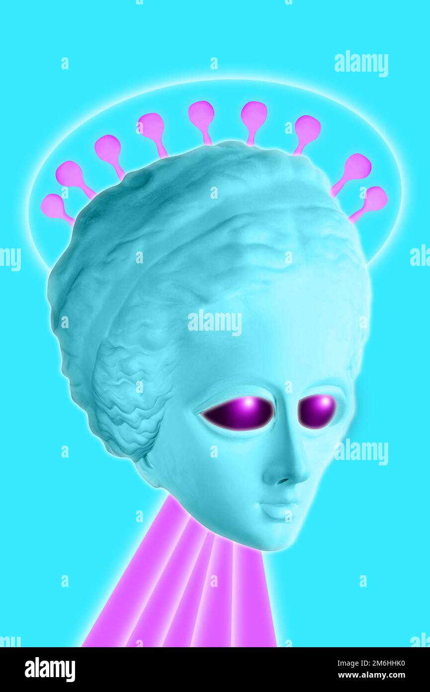 Colorful funky poster with unusual weird alien with huge glowing eyes ...