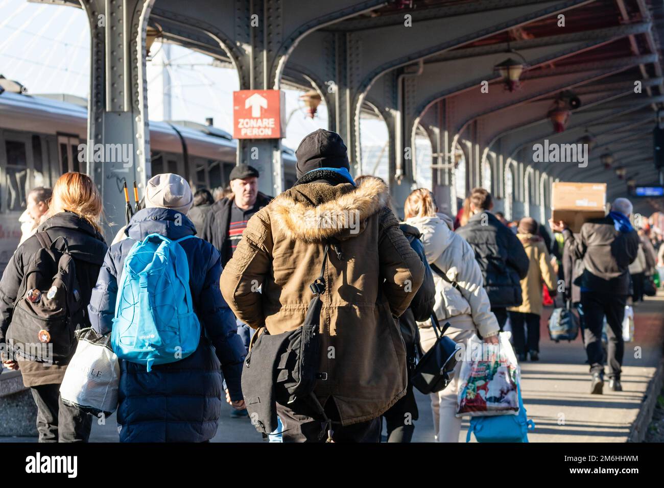 People getting on and off the train at Bucharest North Railway Station ...