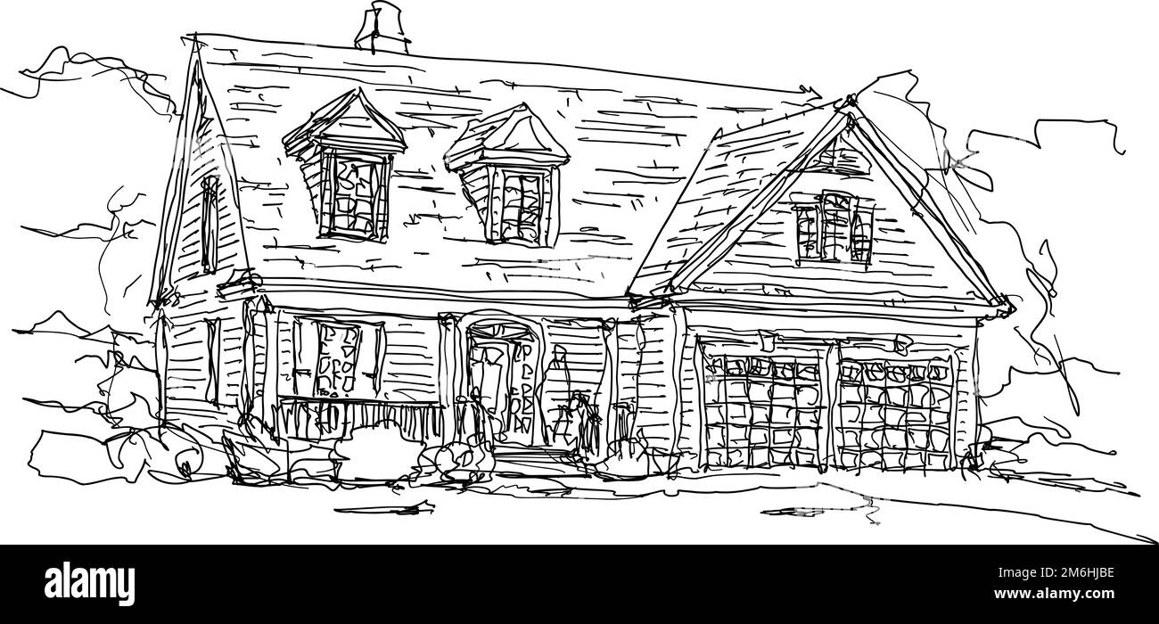 hand drawn architectural sketch of beautiful classic detached village ...