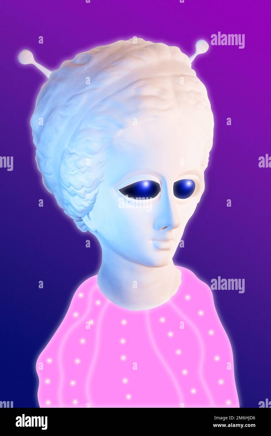 Colorful funky poster with unusual weird alien with huge glowing eyes ...