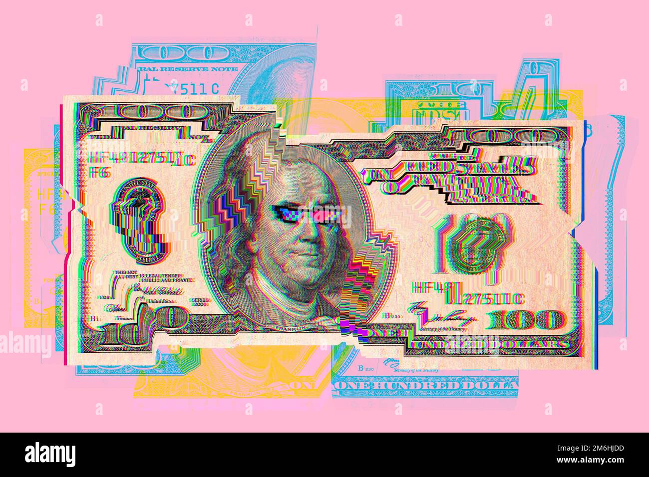 Collage with one hundred dollars banknote in surreal style. Modern ...