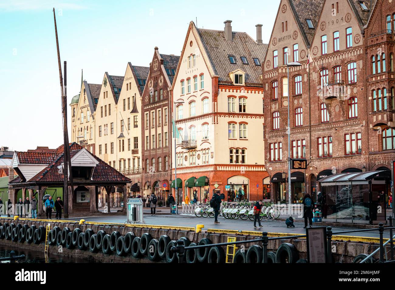 Famous Bryggen street with historical wooden colored houses. Hanseatic ...