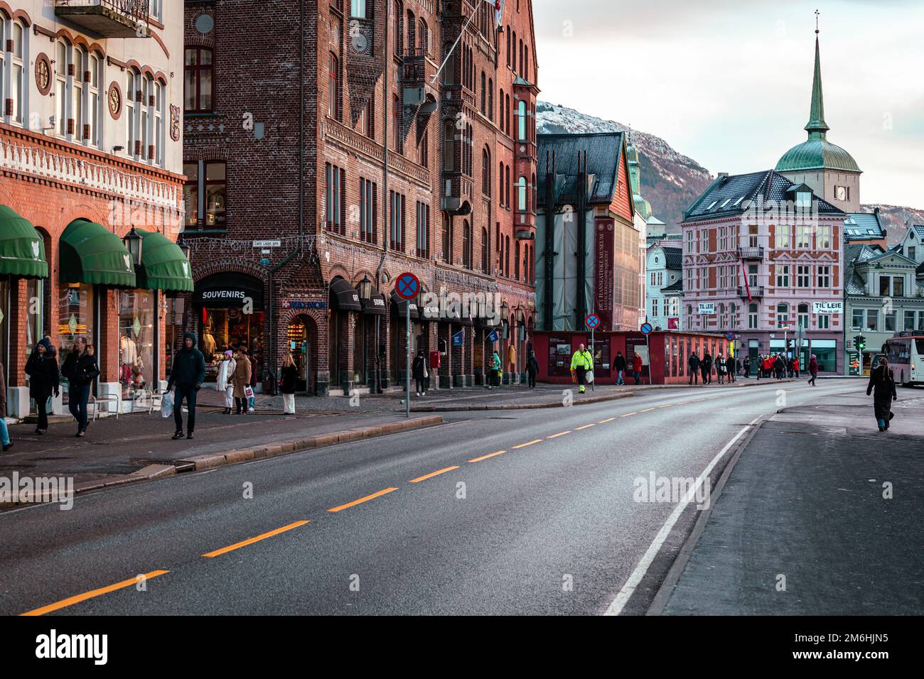 Famous Bryggen street with historical wooden colored houses. Hanseatic ...