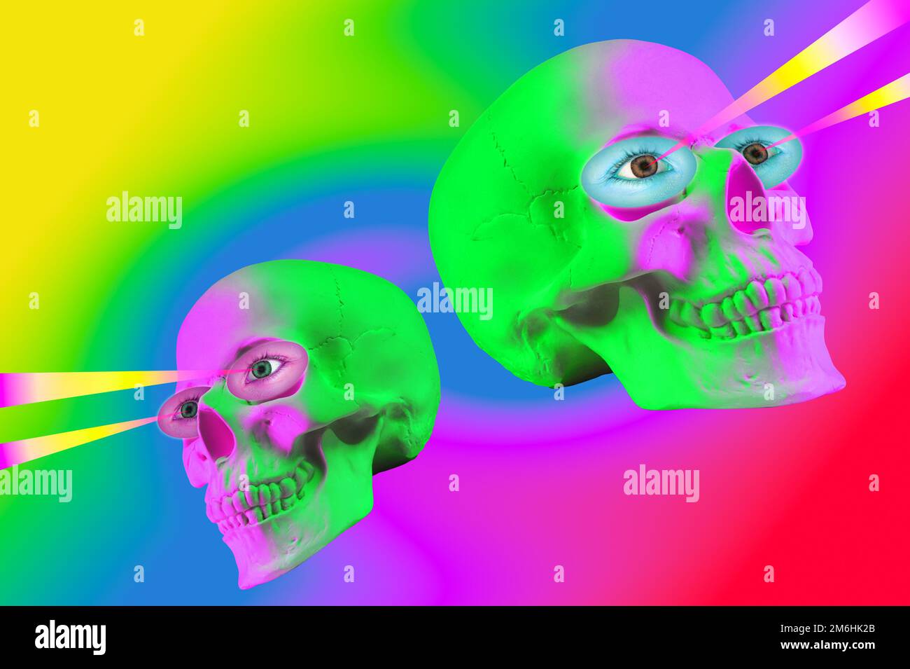 Collage with plaster copy of human skull in surrealism style. Modern ...