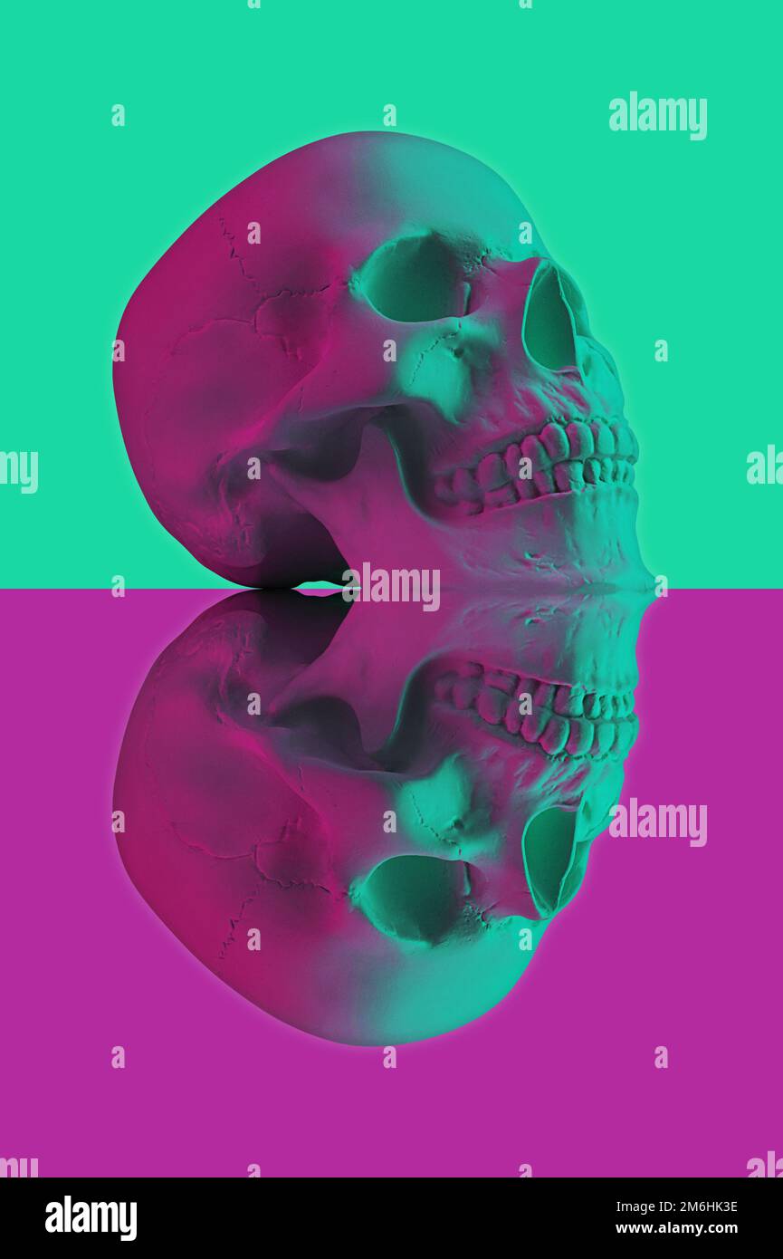 Collage with plaster copy of human skull in surrealism style. Modern ...